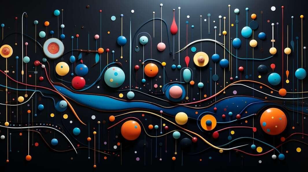 Download Colorful Abstract Painting of Balls and Lines on Black ...