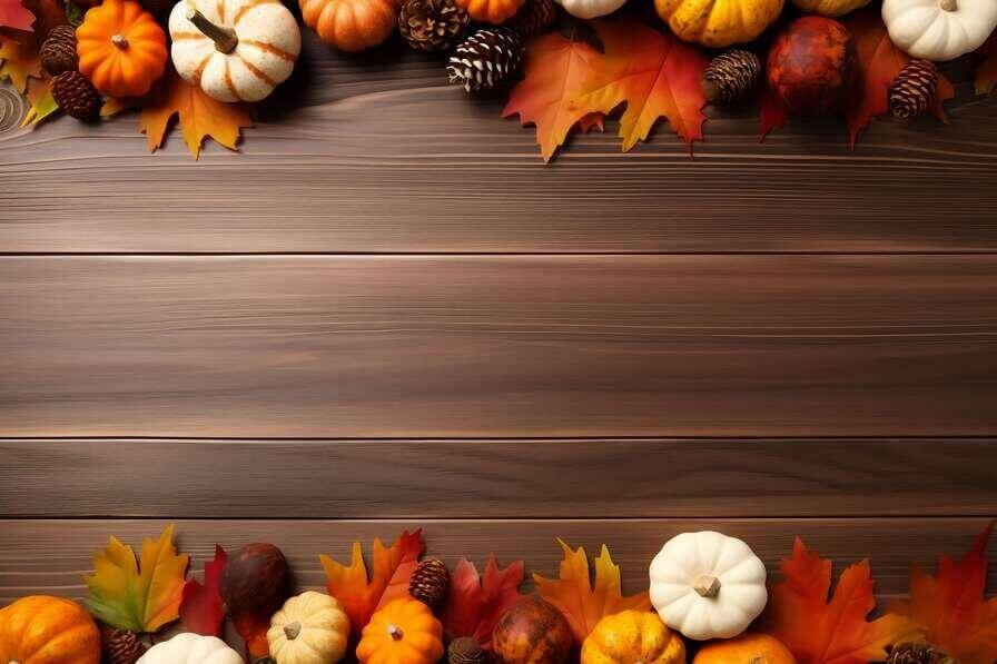 Download Autumn Wooden Background with Pumpkins, Leaves, and Pinecones ...