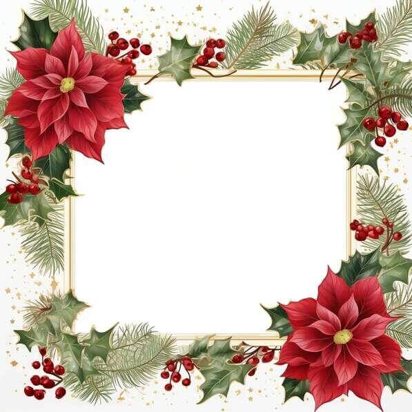 Download Christmas Frame with Red Poinsettia Flowers and Holly Berries ...