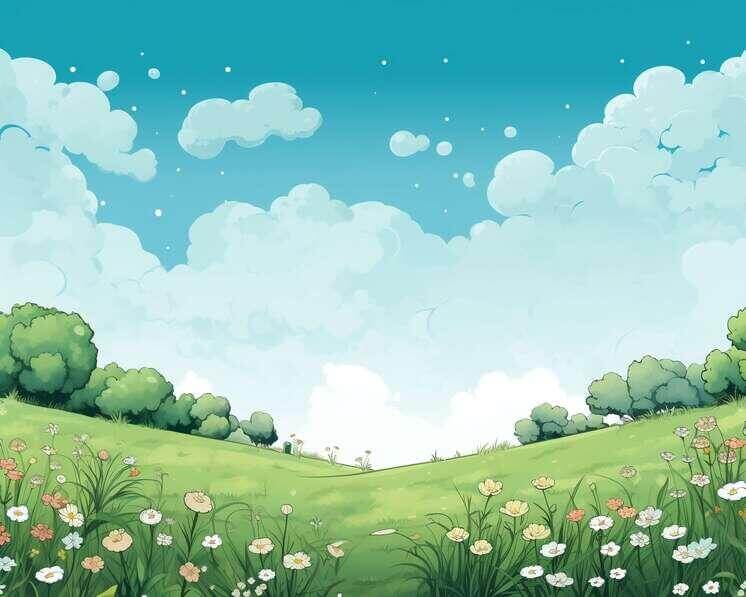 Download Cartoon-like Landscape with Trees, Flowers, and Clouds ...