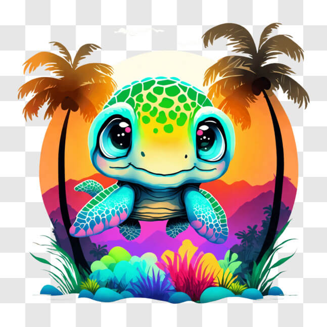 Download Cartoon turtle swimming in the ocean near palm trees PNGs ...