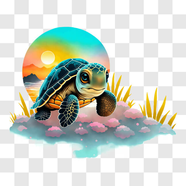Download Small Turtle on Beach with Ocean Sunset PNGs Online - Creative ...