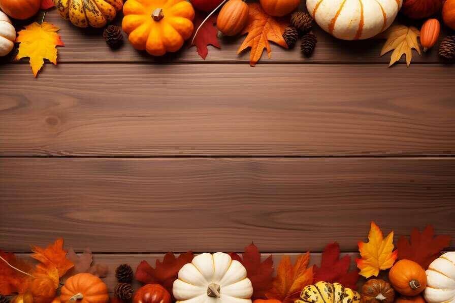 Download Autumnal Wooden Background with Pumpkins and Leaves ...