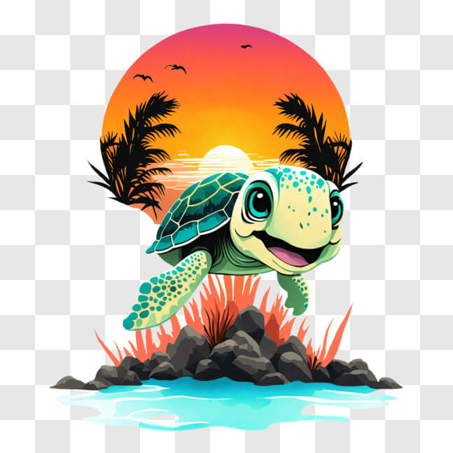 Download Cartoon Turtle Swimming in Water with Palm Trees and Sunset ...