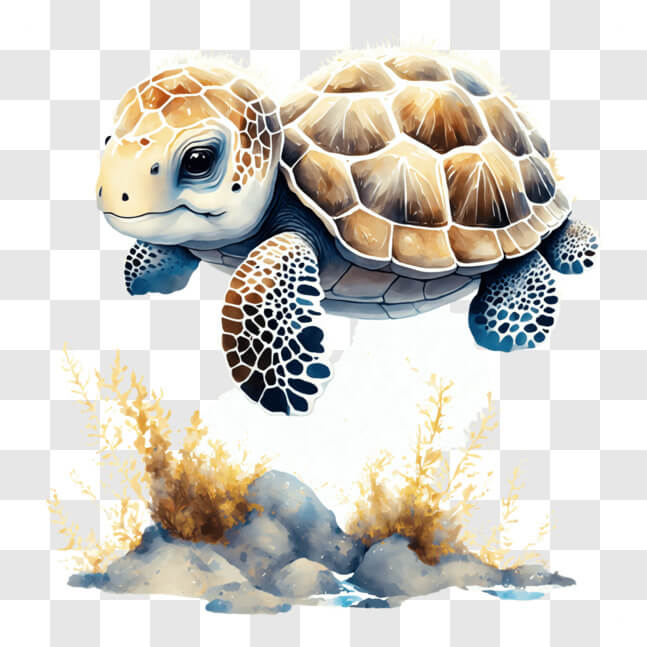 Download Small Sea Turtle Swimming in the Water near Rocks and Plants ...