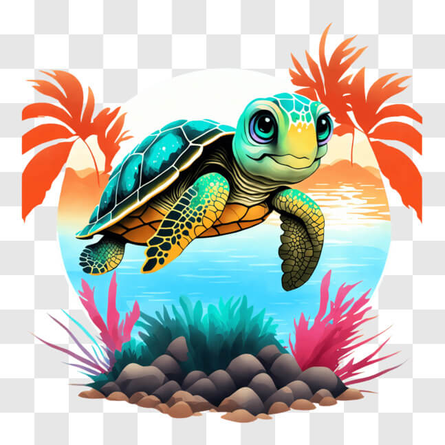 Download Cartoon Turtle Swimming in the Ocean with Palm Trees and ...