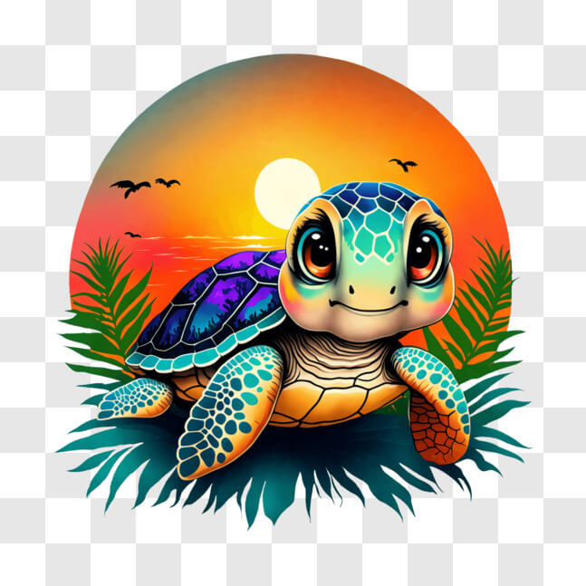 Download Cartoon Turtle Sitting in Grass at Sunset PNGs Online ...