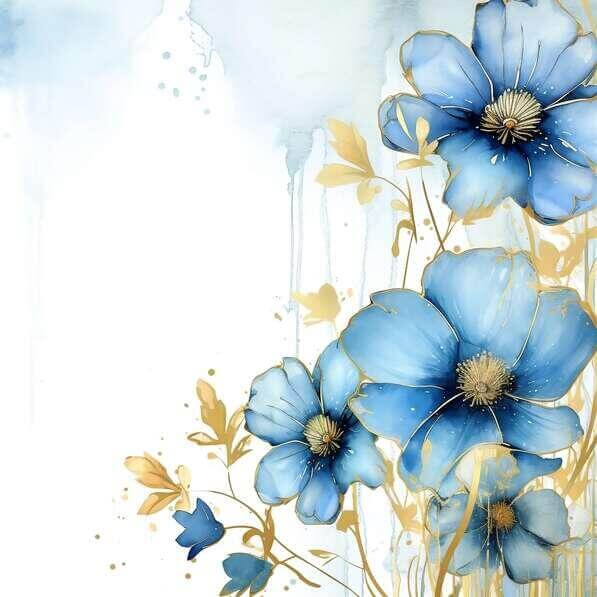Download Watercolor Painting of Blue Flowers with Gold Accents ...