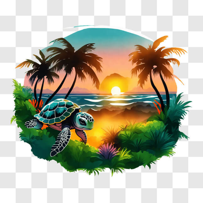 Download Turtle Walking in Tropical Landscape with Palm Trees and ...