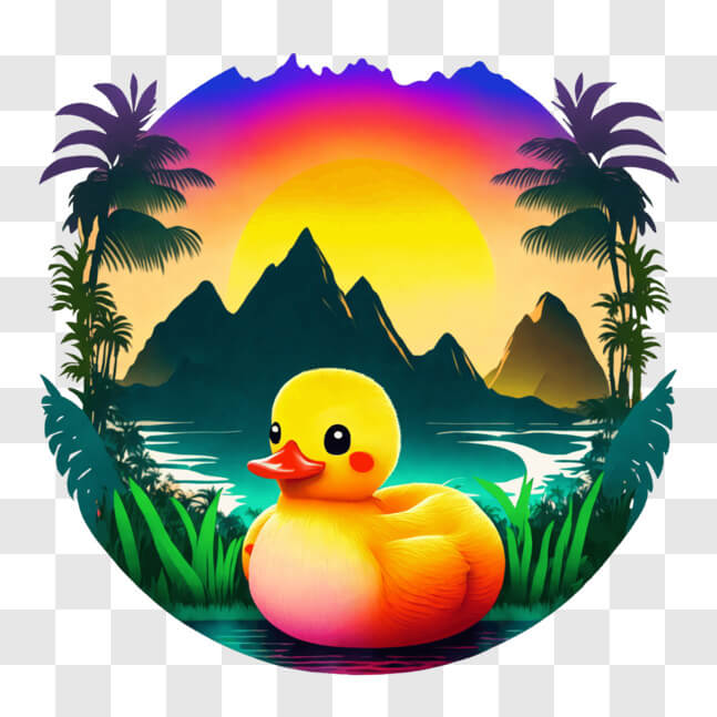 Download Yellow Rubber Duck Floating in Water with Sunset and Palm ...