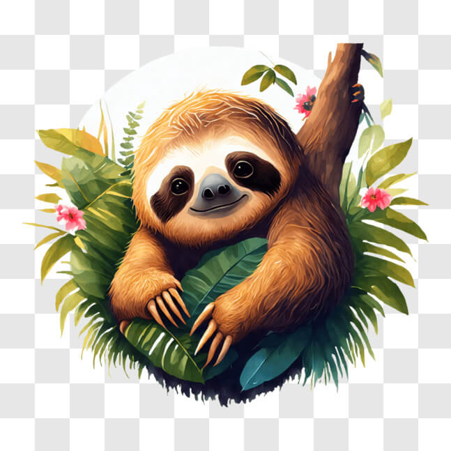 Download Sloth in Jungle with Flowers and Leaves PNGs Online - Creative ...