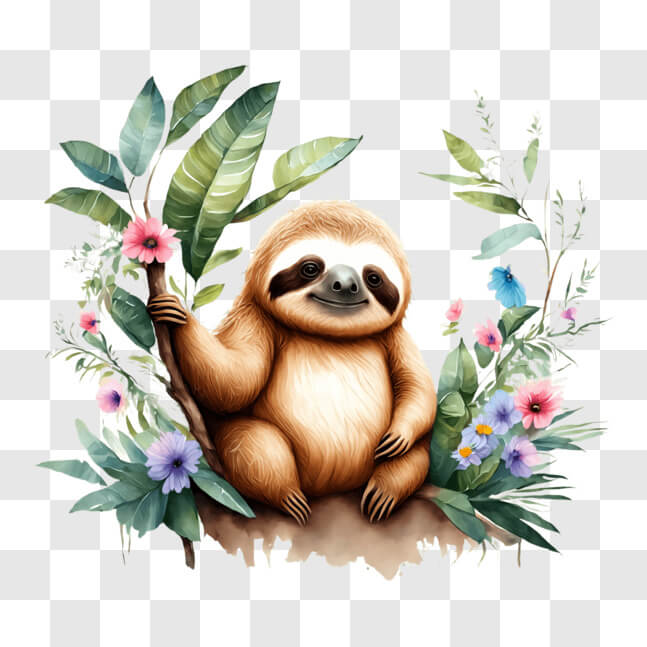 Download Sloth in Tree with Flowers and Leaves PNGs Online - Creative ...