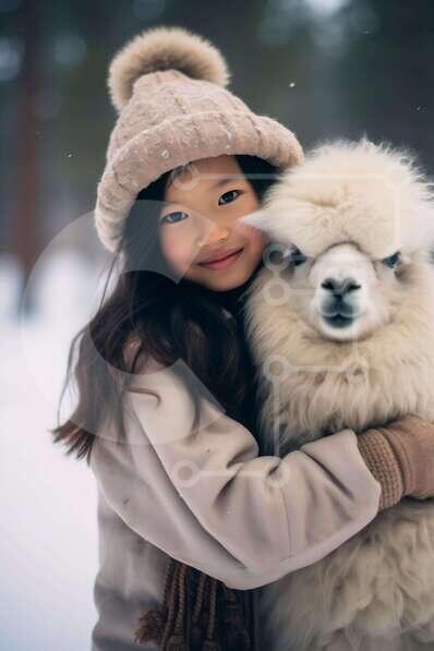 Girl and Alpaca Enjoying Quality Time in the Snow stock photo ...