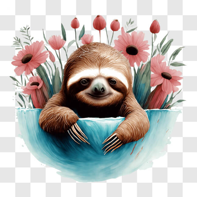 Download Cute Sloth surrounded by flowers PNGs Online - Creative Fabrica