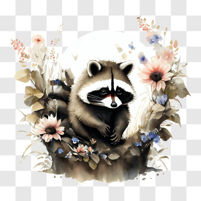 Download Raccoon in Flowers with Full Moon PNGs Online - Creative Fabrica