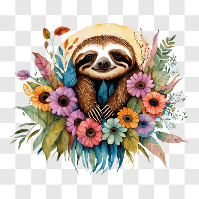 Download Sloth Sitting Among Colorful Flowers PNGs Online - Creative ...