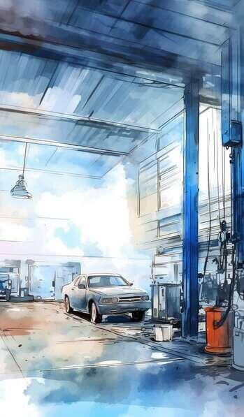 Download Watercolor painting of an Automotive Repair Shop with cars and ...