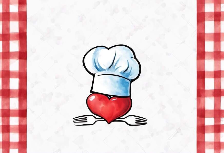 Download Chef's Hat and Heart-shaped Fork on Gingham Checkered ...