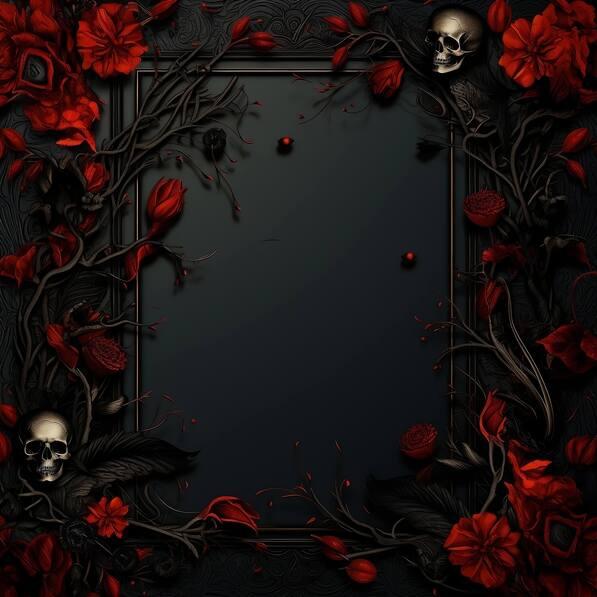 Download Black Frame with Red Flowers and Skulls Backgrounds Online - Creative Fabrica