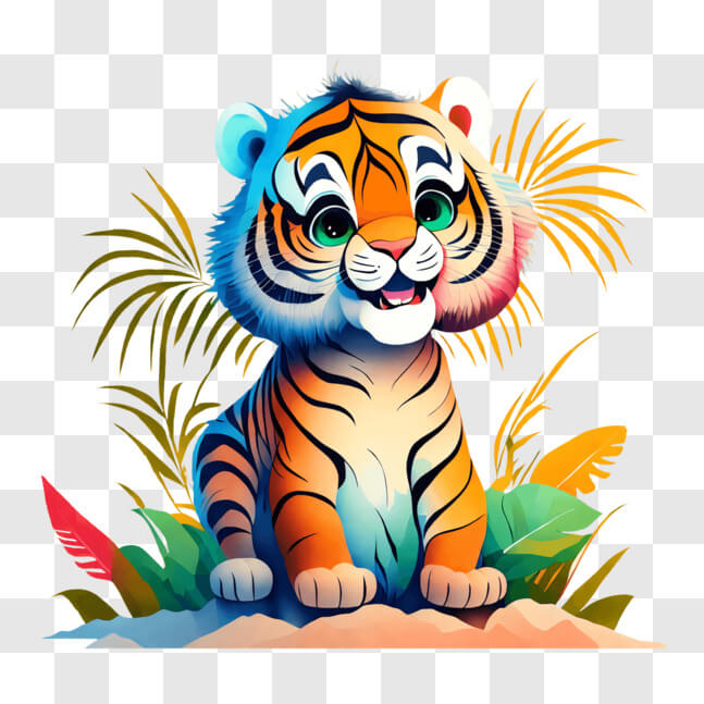 Download Cartoon Tiger in Jungle with Colorful Leaves and Flowers PNGs ...