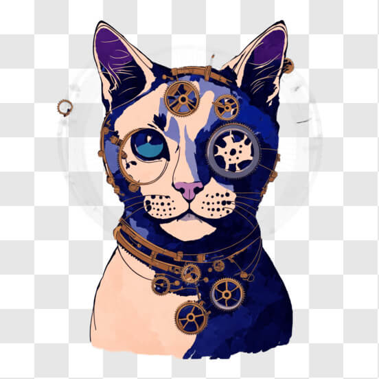 Download Steampunk Cat Illustration with Blue Eyes and Gears PNGs ...
