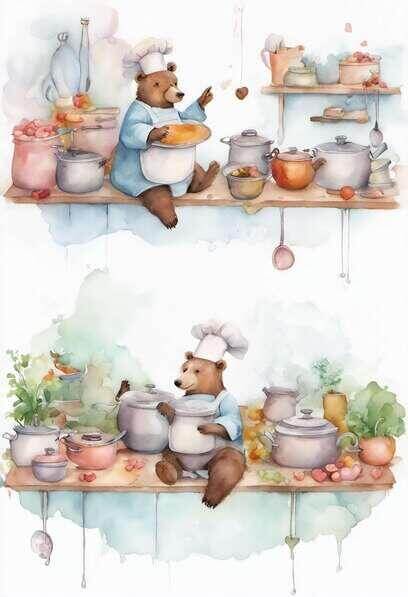 Download Bears Cooking in a Kitchen - Watercolor Illustration ...