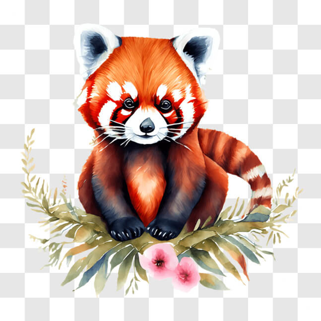 Télécharger Panda roux assis sur des feuilles et des fleurs PNGs En ...