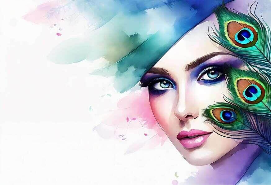 Download Peacock Feather Portrait of a Woman with Blue Eyes Backgrounds ...