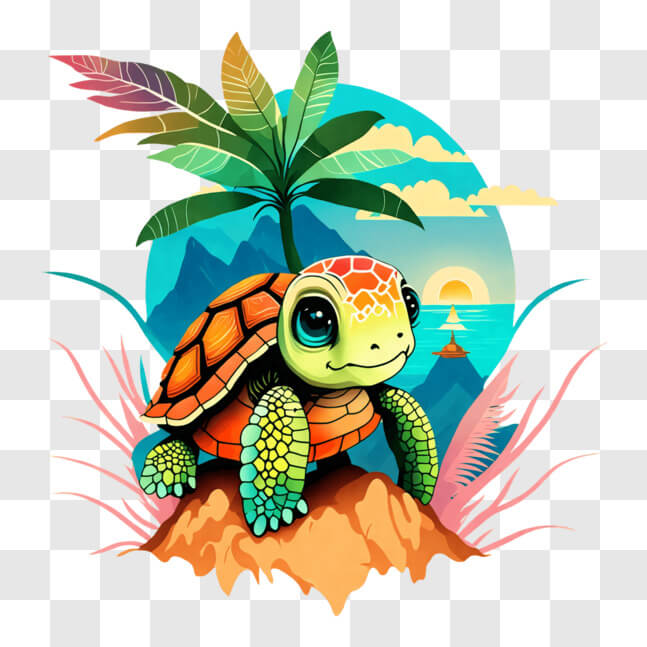 Download Cute turtle on a tropical island with palm trees and ocean ...