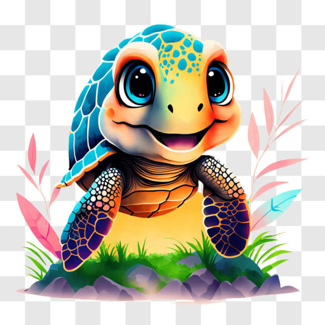 Download Cartoon Turtle Sitting on Grass and Flowers PNGs Online ...