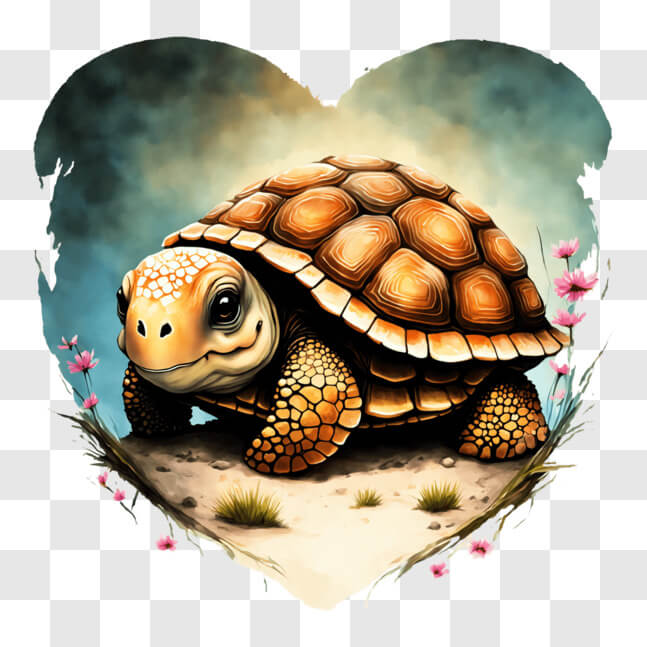 Download Adorable Heart-Shaped Tortoise Drawing with Grass and Flowers ...