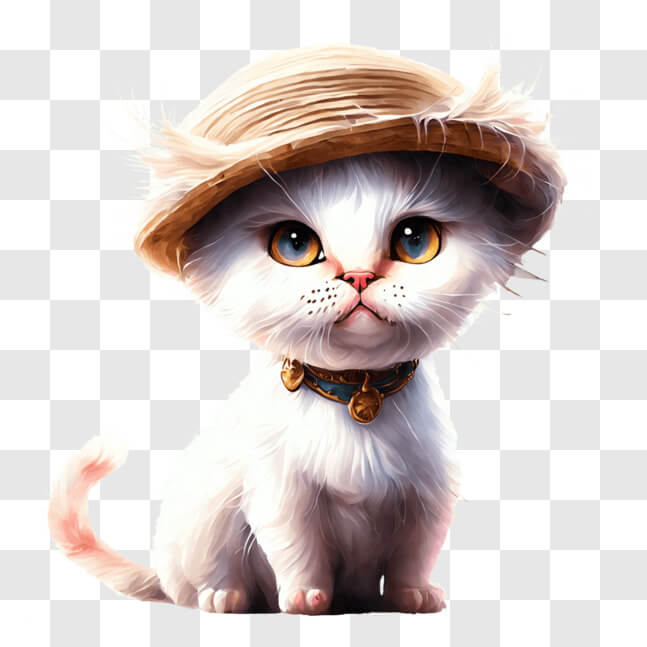 Download White Cat with Animal-Inspired Straw Hat PNGs Online ...