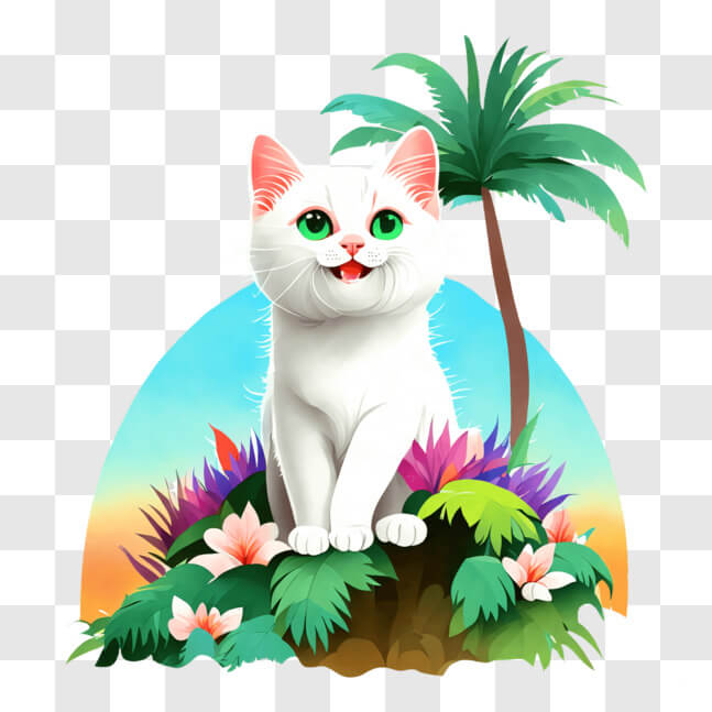 Download White Cat On Tropical Island With Palm Trees And Flowers Pngs Online Creative Fabrica