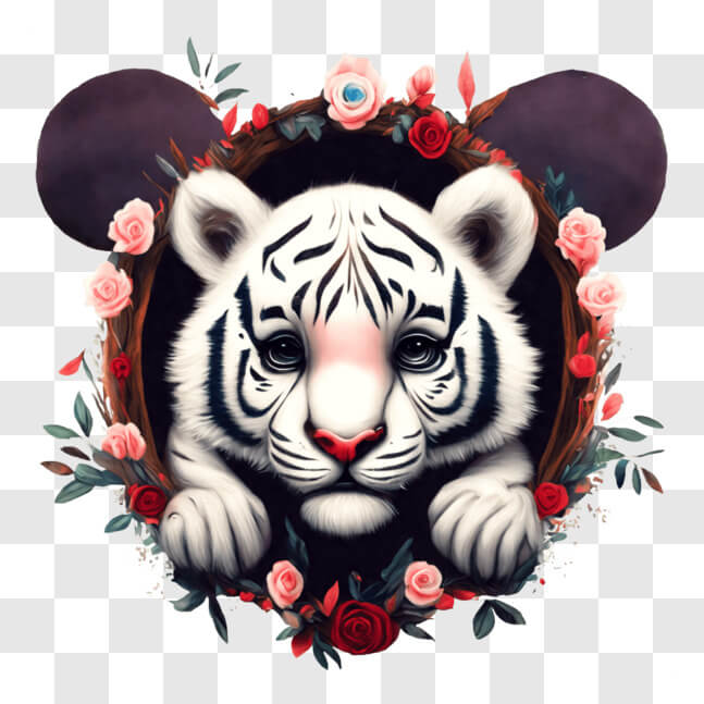 Download White Tiger surrounded by Roses and Flowers PNGs Online ...