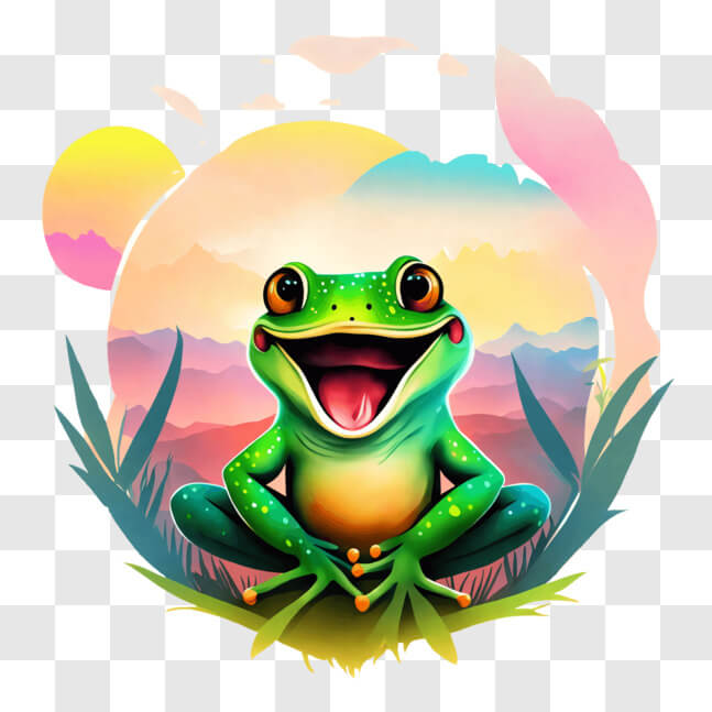 Download Smiling Green Frog in the Grass PNGs Online - Creative Fabrica