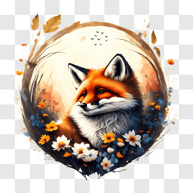 Download Orange Fox in Flower Garden Painting PNGs Online - Creative ...