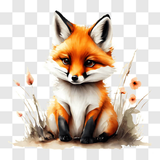 Download Small Orange Fox in Grass with Flowers PNGs Online - Creative ...