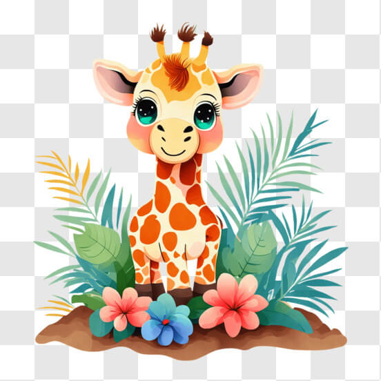 Download Cute Baby Giraffe Surrounded by Colorful Flowers and Plants ...