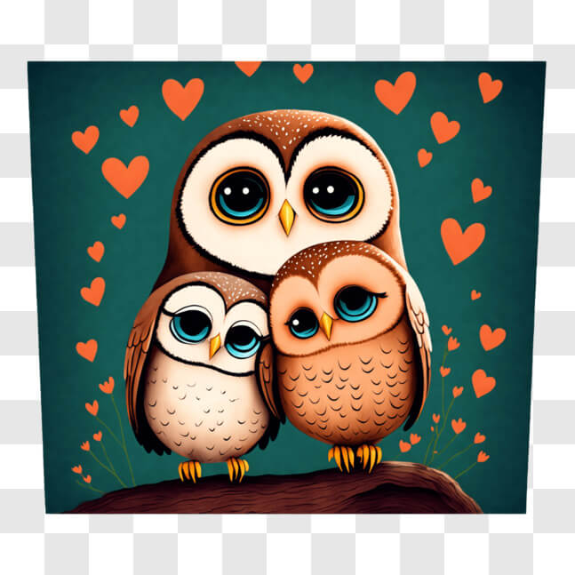Download Three Owls Hugging on a Branch with Hearts Background PNGs ...