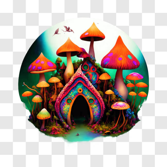 Download Colorful Mushroom House in a Forest PNGs Online - Creative Fabrica