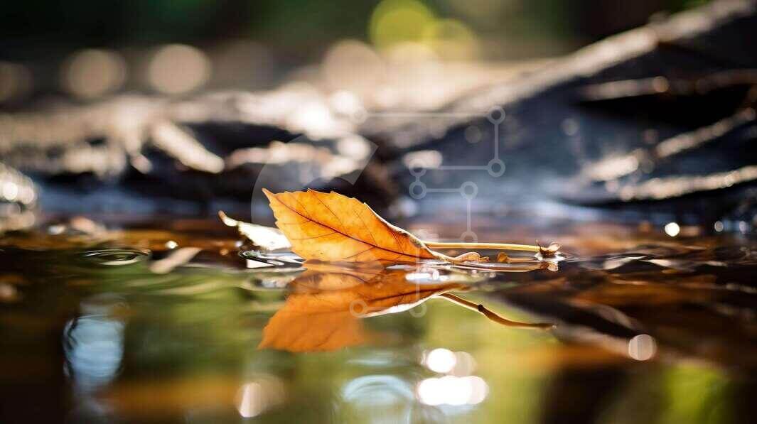 Autumnal Scene: Single Leaf Floating in Water stock photo | Creative Fabrica