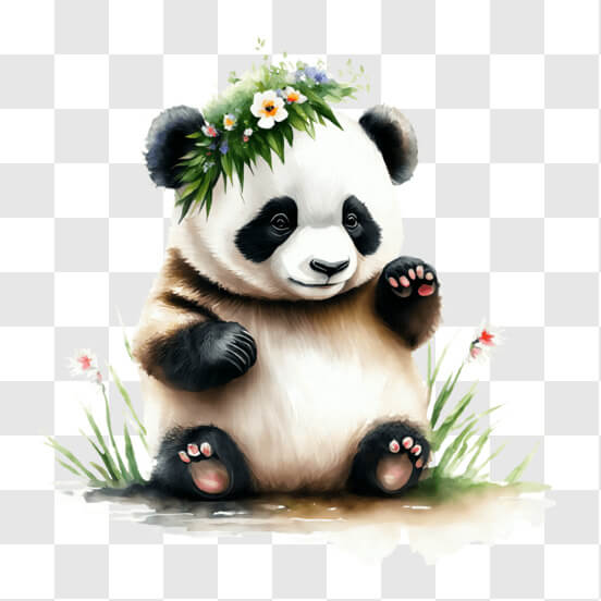 Download Cute Panda Bear Sitting in the Grass with Flowers PNGs Online ...