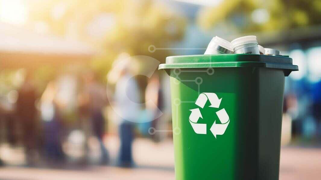 Green Recycling Bin with People and Trash Cans stock photo | Creative ...