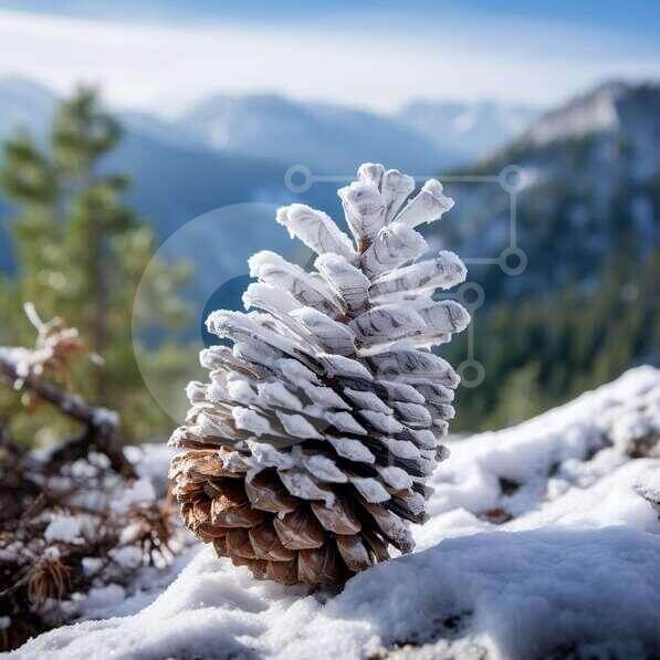 Snow-covered Pine Cone on a Mountain stock photo | Creative Fabrica