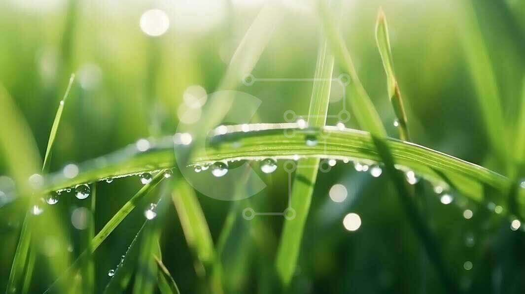 Close-up of Morning Dew on Green Grass stock photo | Creative Fabrica