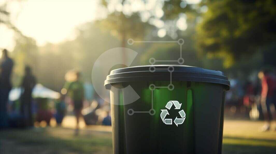 Green Trash Can in Park stock photo | Creative Fabrica
