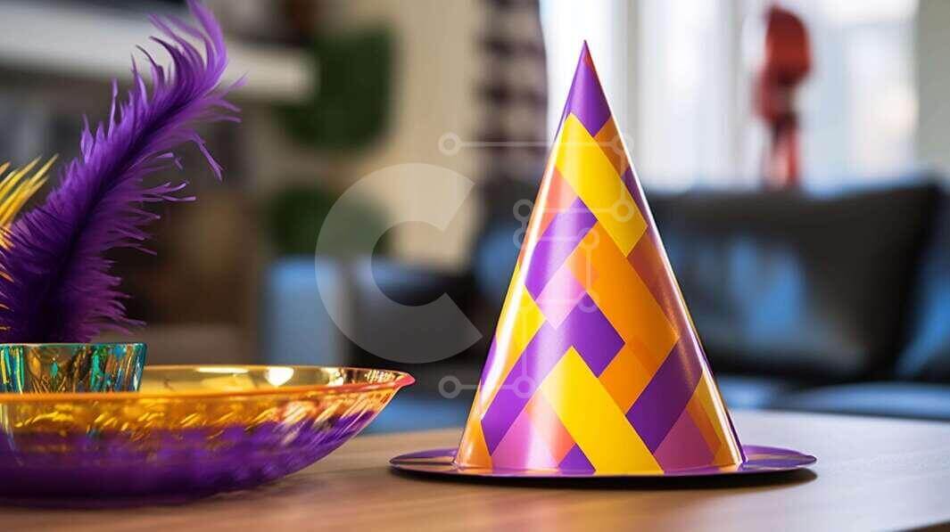 Colorful Party Hat and Feathers on an Interior Design Table stock photo ...