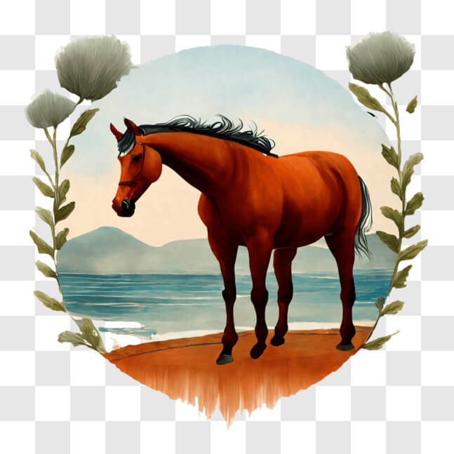 Descarga Caballo Rojo Parado en la Playa con Flores PNGs En Línea ...