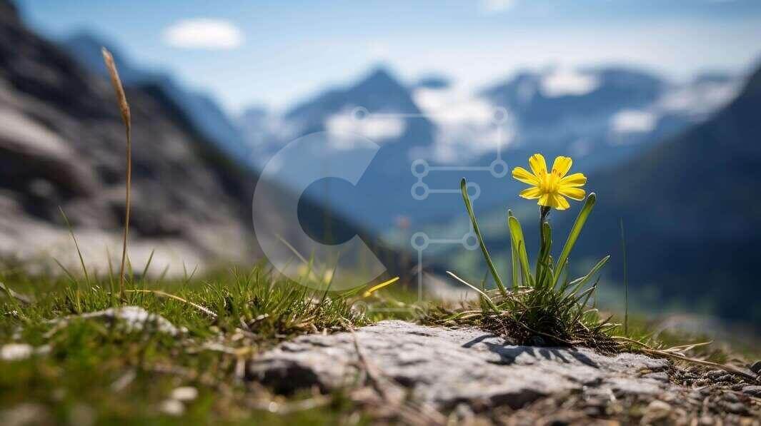 Beautiful Landscape with a Single Yellow Flower and Majestic Mountains ...