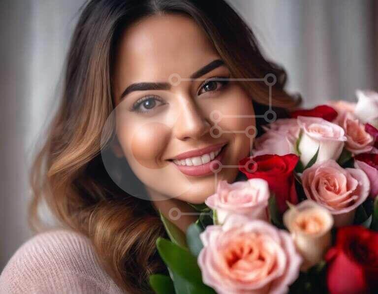Beautiful Woman with Bouquet of Roses stock photo | Creative Fabrica